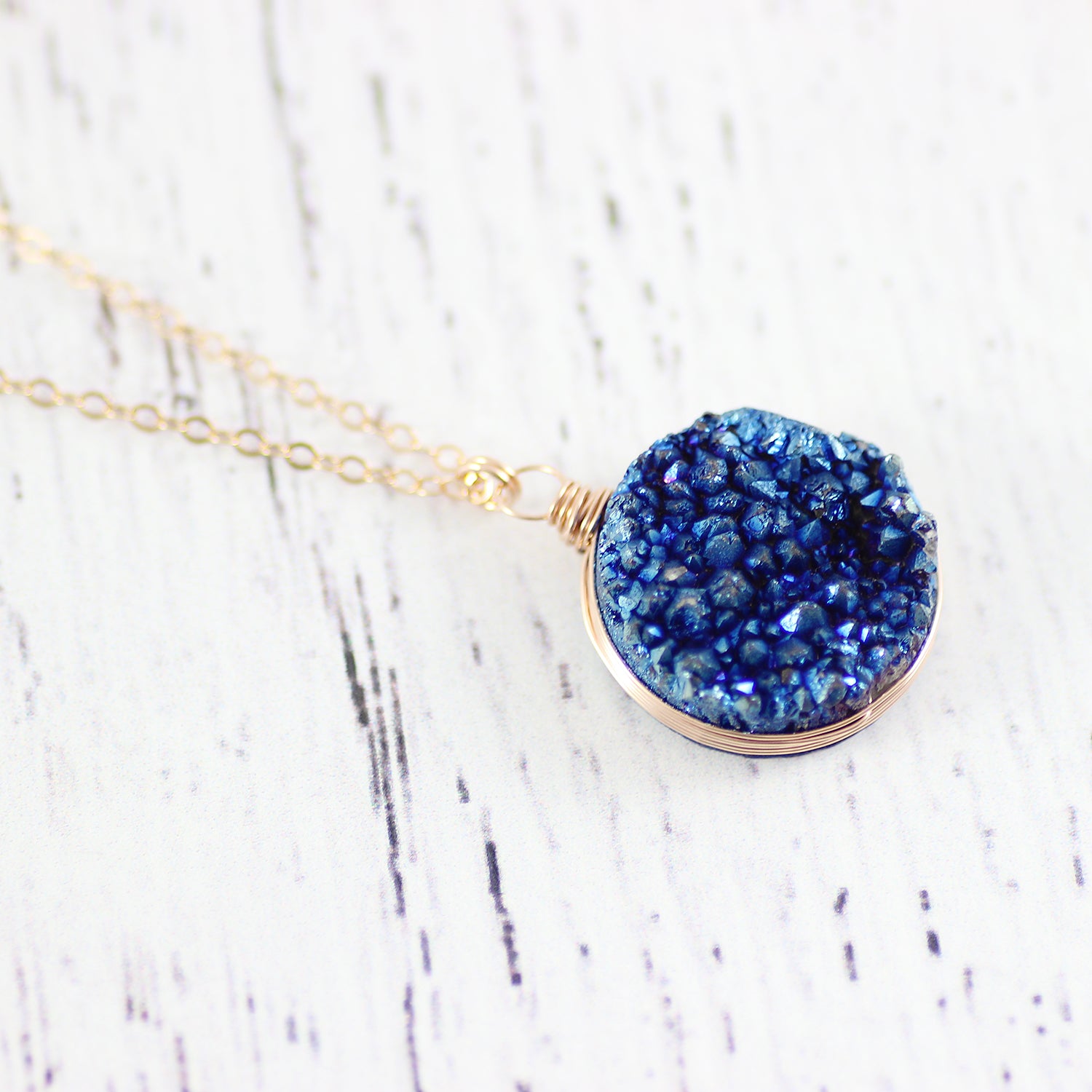 Large Dark Blue Druzy Geode Gemstone Rose Gold Pendant Necklace ...