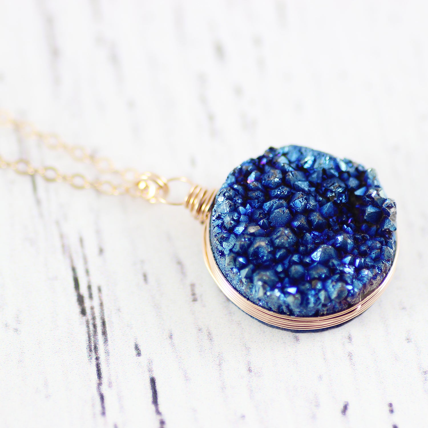 Large Dark Blue Druzy Geode Gemstone Rose Gold Pendant Necklace ...