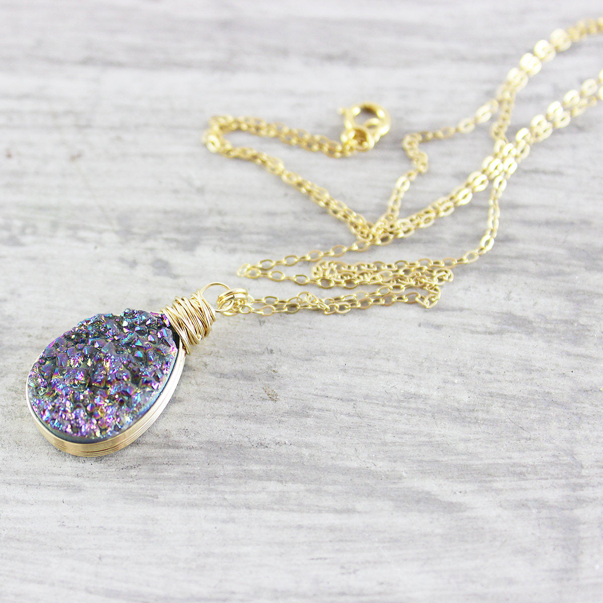 Rainbow Druzy Geode Gold Teardrop Necklace